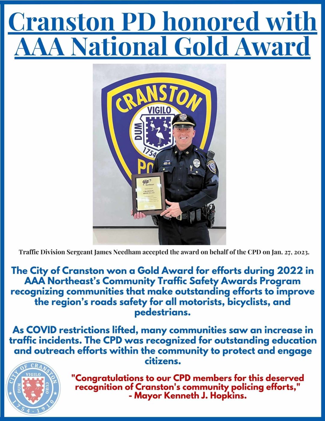 CPD honored with AAA National Gold award